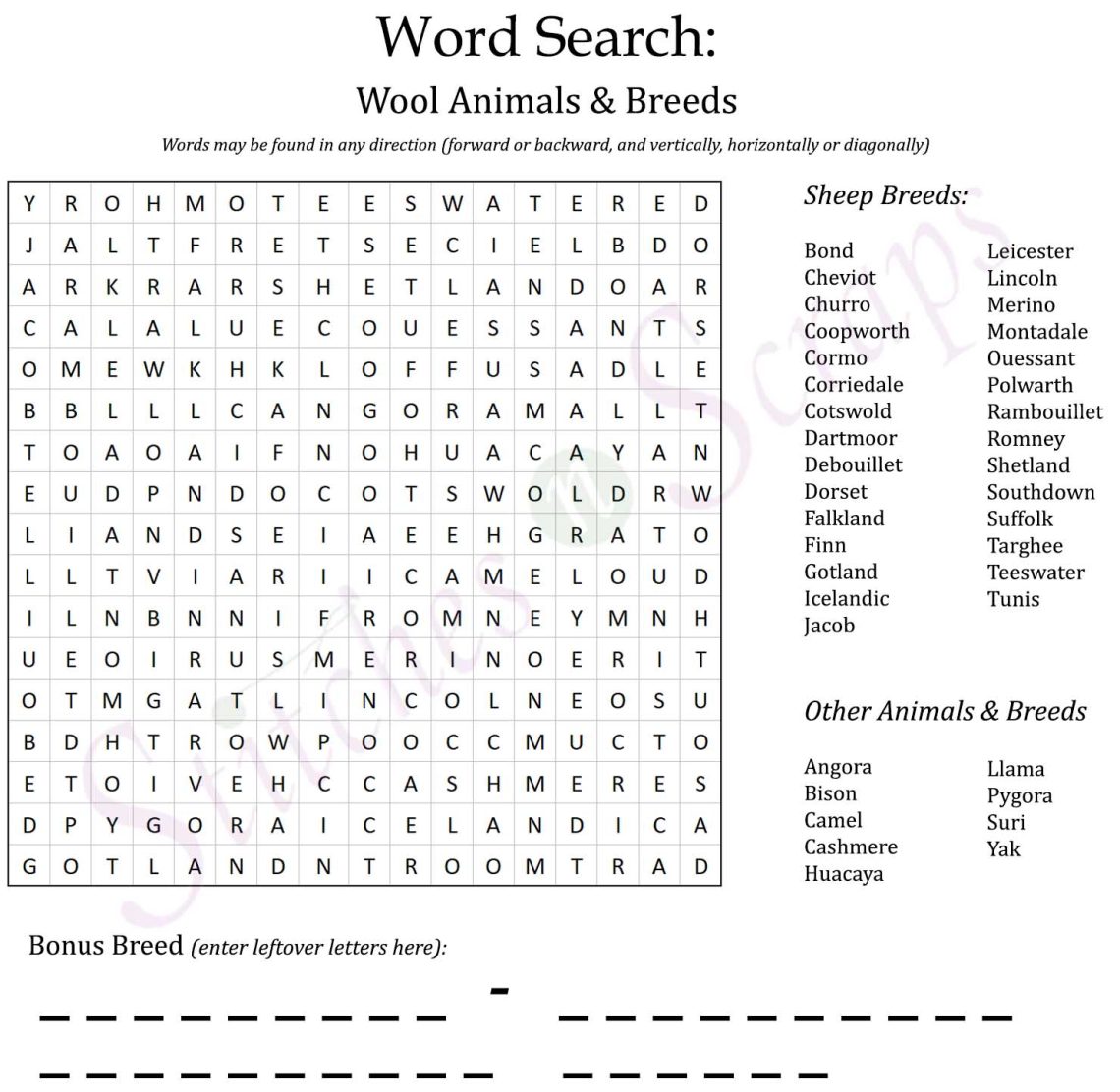 Puzzle #1 - Word Search - Wool Animals & Breeds - Stitches n Scraps
