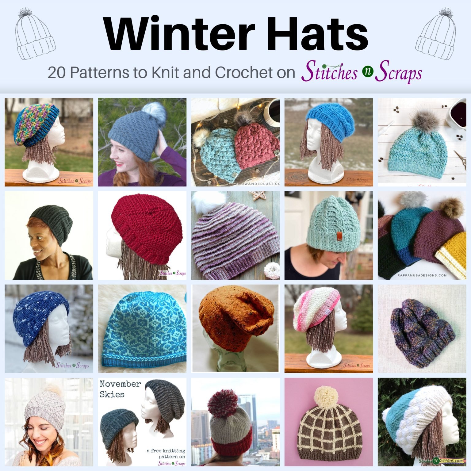 Winter Hats - 20 Patterns to Knit and Crochet - Stitches n Scraps